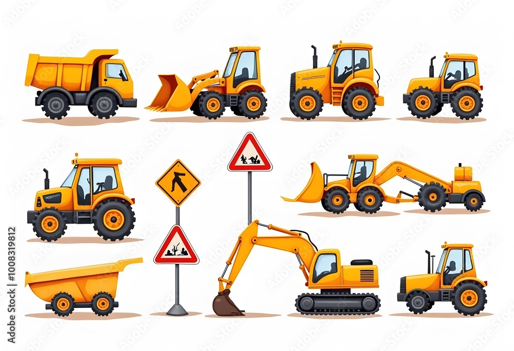 Road construction equipment. Road signs. Big set of ground works ...