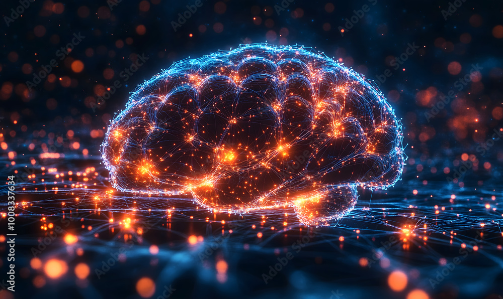Illustration of a human brain with glowing neural connections and nodes ...