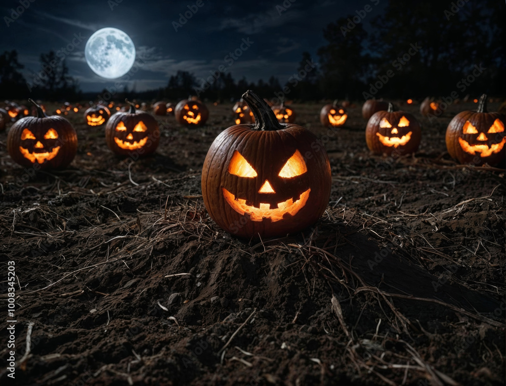 Spooky Moonlight Harvest: Jack-o'-Lanterns Illuminating a Nighttime ...