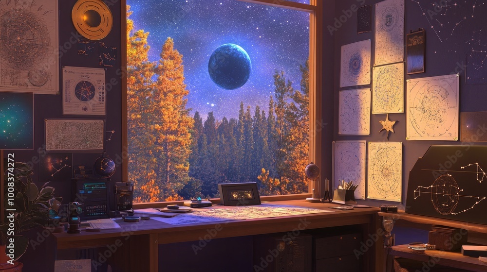 A modern astrologera??s study with a desk full of star charts, a window ...