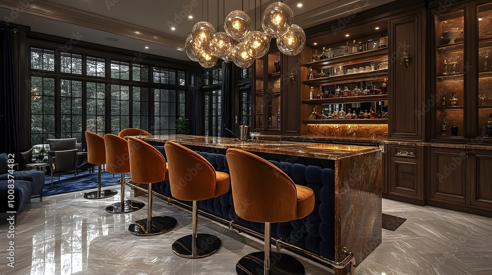 Exclusive upscale bar and lounge with elegant lighting fixtures,dark ...
