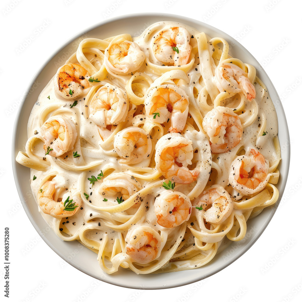plate of Shrimp Alfredo with fettuccine pasta in cream sauce top view ...