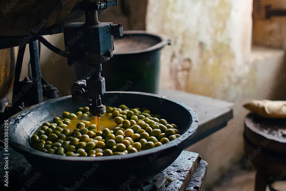 Fresh olives and olive oil with an oil press showcasing the traditional ...