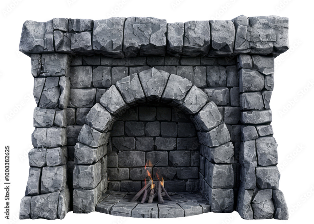 A simple, two-dimensional, gray stone fireplace with an arched top on a ...