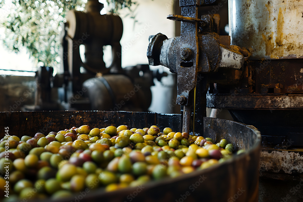 Fresh olives and olive oil with an oil press showcasing the traditional ...
