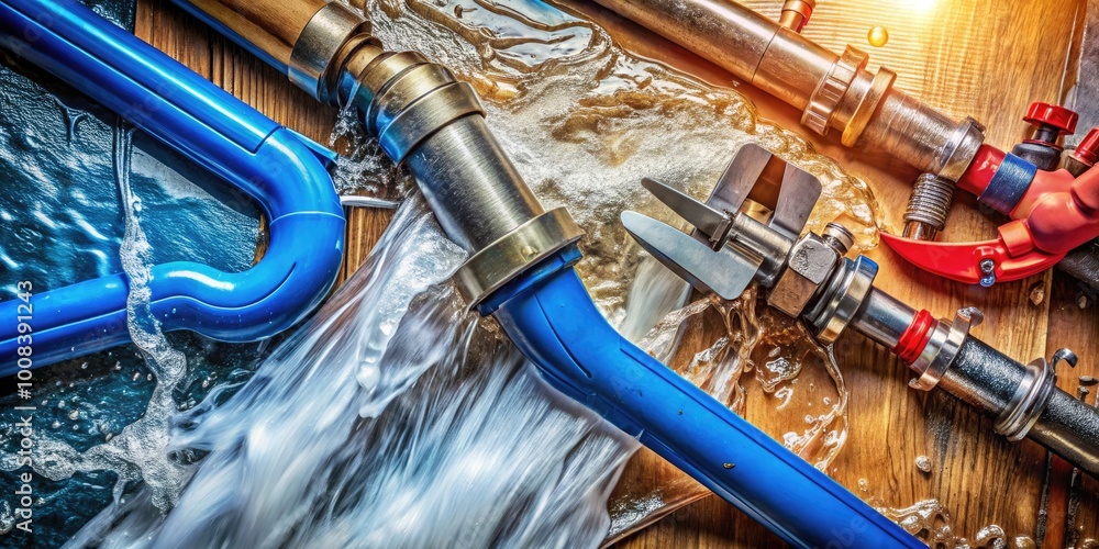 Clogged Pipe with Water Leakage and Tools on a Surface, Plumbing Repair ...