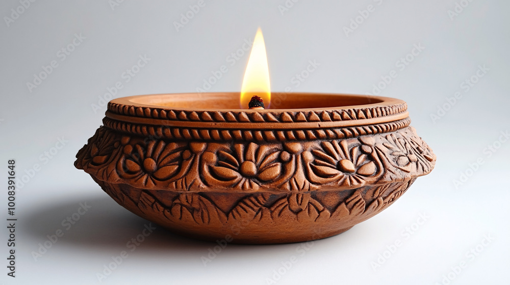 Clay oil lamp gently glowing with a single flame, positioned centrally ...