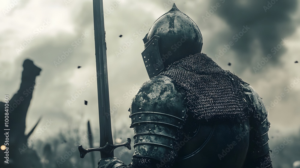 3. Medieval knight in full armor wielding a longsword standing on a ...