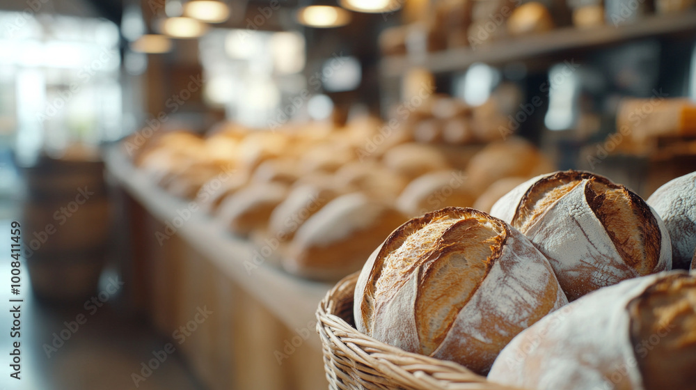 A freshly baked loaf of bread is captured up close, with a warm, blurry ...