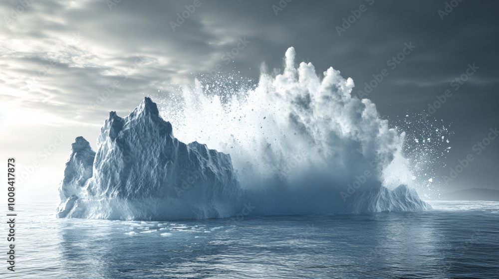 An iceberg erupts, sending ice blocks and vapor into the air in this ...