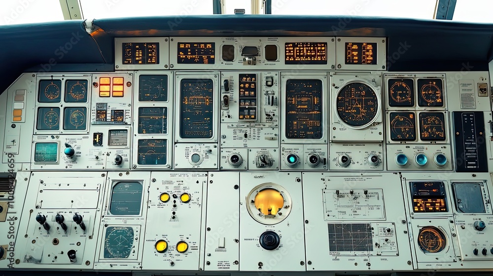 Airplane Cockpit Control Panel with Numerous Dials, Gauges, and ...