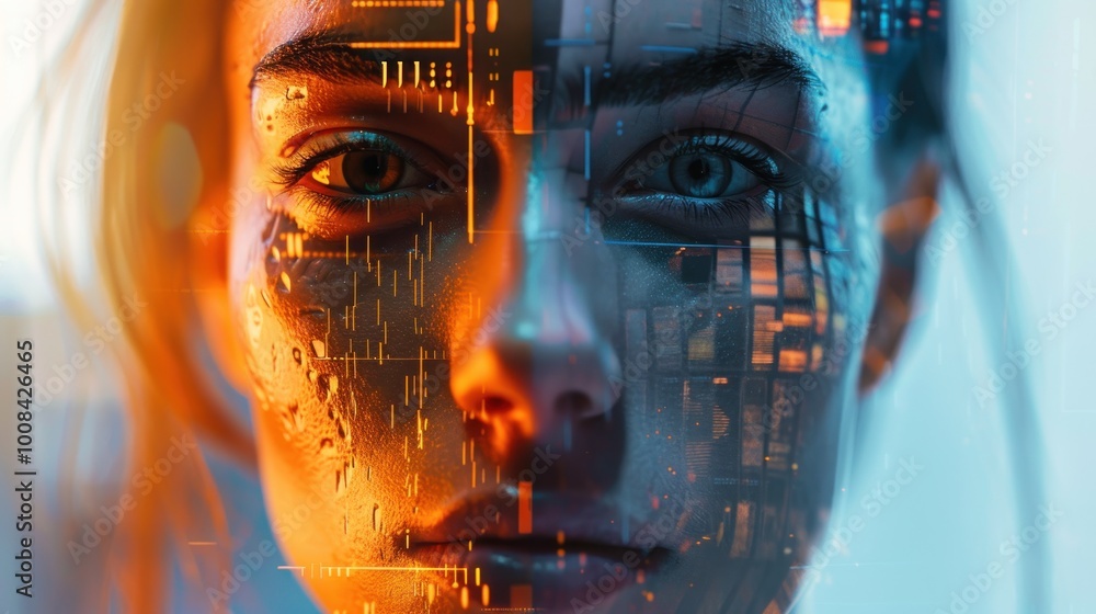 A split image showing half of a human face and half of a digital AI ...