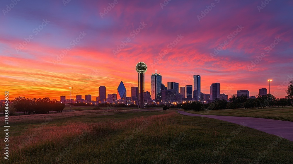 Dallas downtown skyline at sunset, with vivid orange and pink skies ...