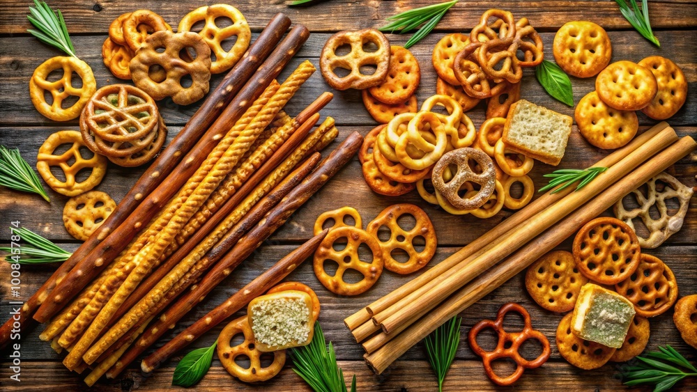 Savory pretzel crackers and salty sticks beautifully arranged in a flat ...