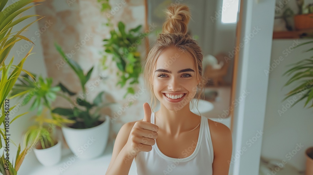 A happy young woman, just finished cleaning the toilet, gives the ...