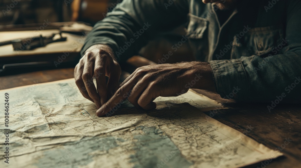 Seated at a wooden desk, a blind man explores a tactile map, carefully ...