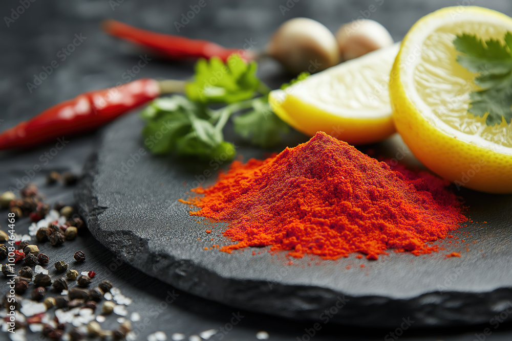 Red Chilli Powder on Black Slate Plate with Lemon and Cilantro for ...