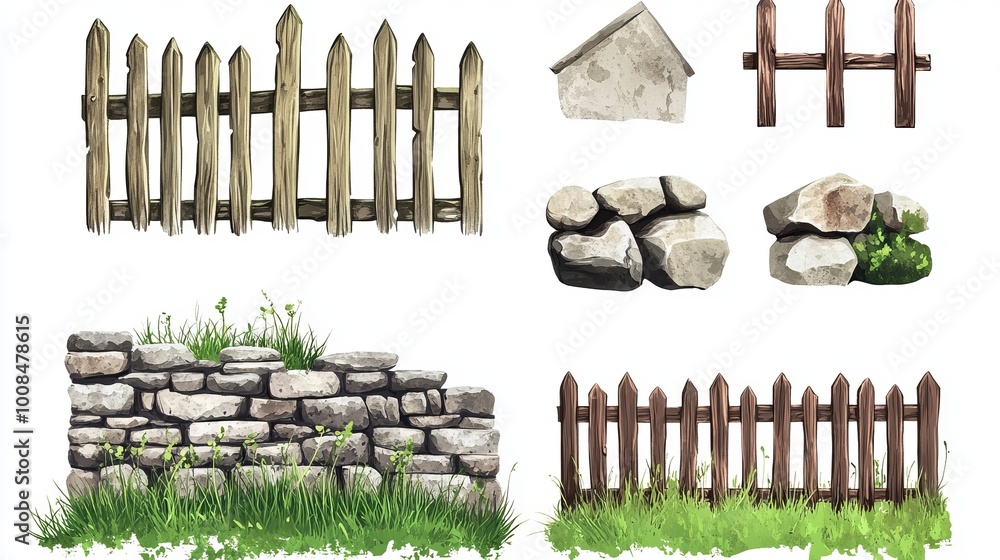 Stone wall, painted green grass element, and wooden picket fence. A ...