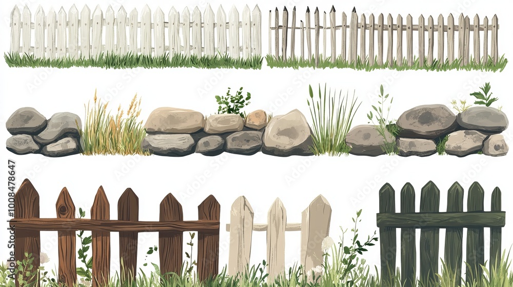 Stone wall, painted green grass element, and wooden picket fence. A ...