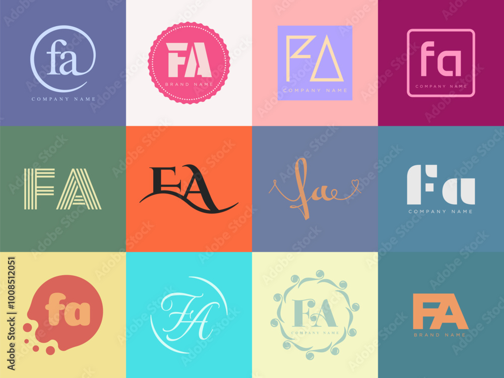 FA logo company template. Letter f and a logotype. Set different ...