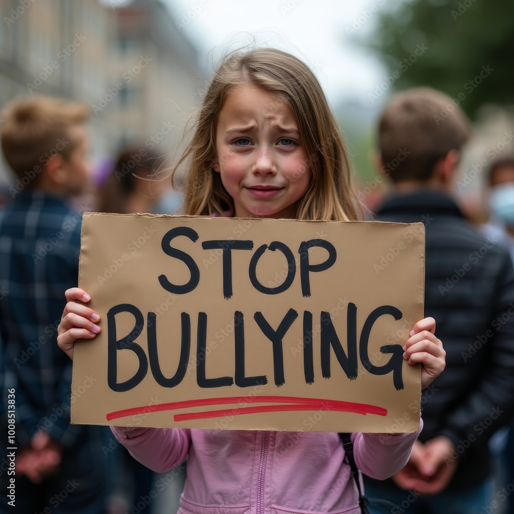 Emotional young girl holding a 'Stop Bullying' sign at a protest, her ...