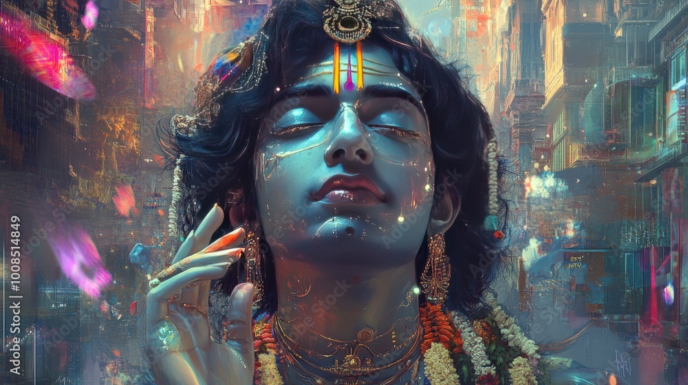A digital art piece of Krishna in a cyberpunk setting, blending ...
