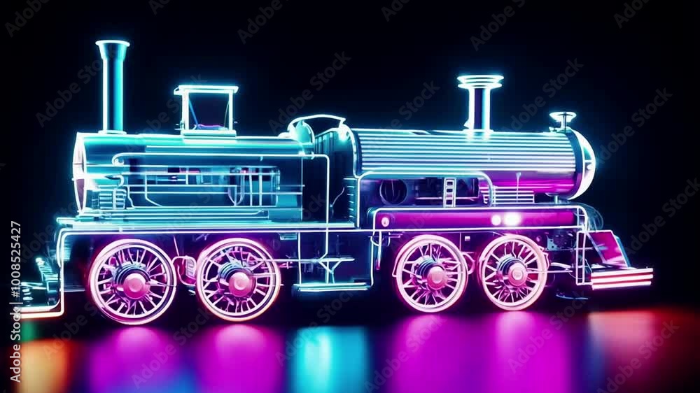 Steam locomotive 3D retro model , bright neon lights on a black ...
