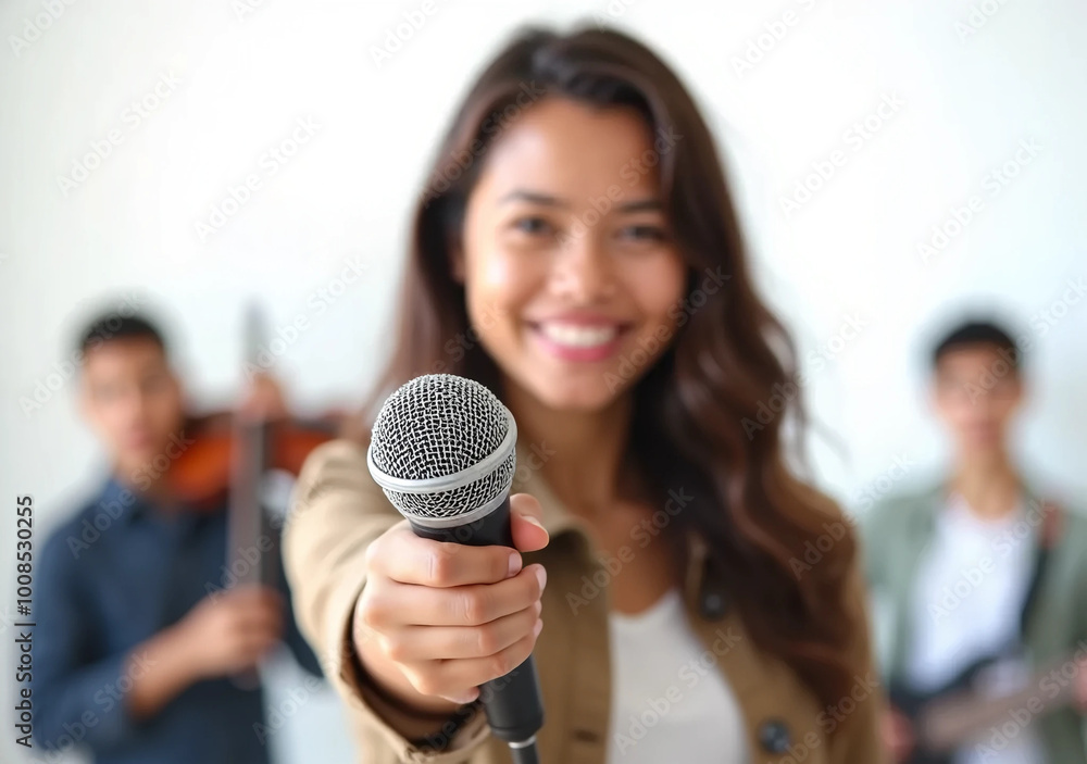 Smiling Girl with Microphone at Music School Performance. Invitation ...
