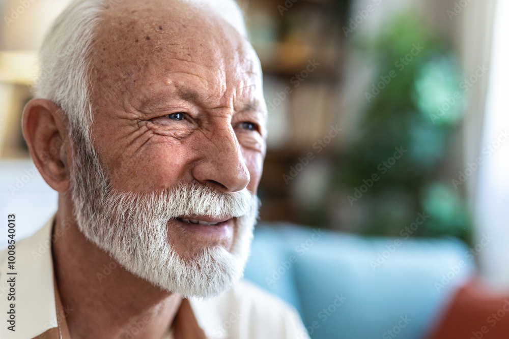 Thinking, memory and old man with nostalgia, lounge and nursing home on ...