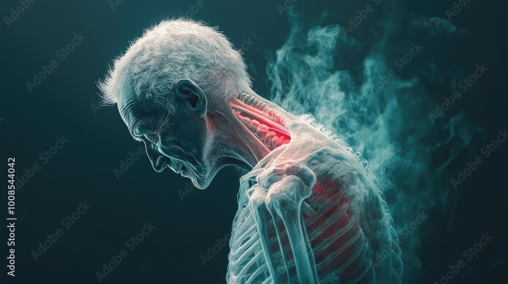 An ethereal illustration of a human skeleton showing pain in the neck ...