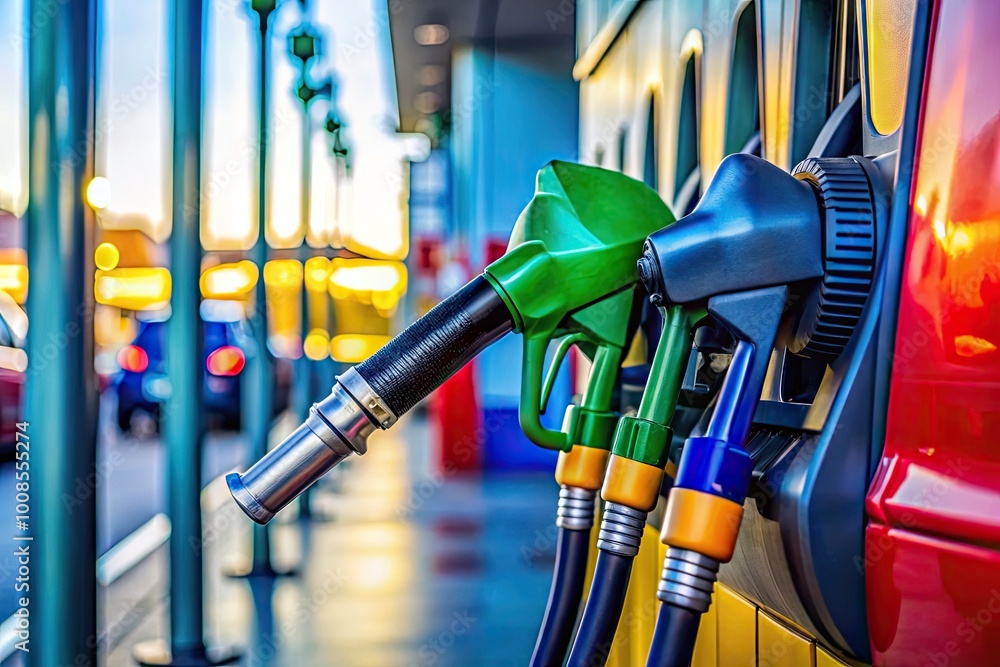 Fuel pump at a gas station with vibrant colors and clear signage ...