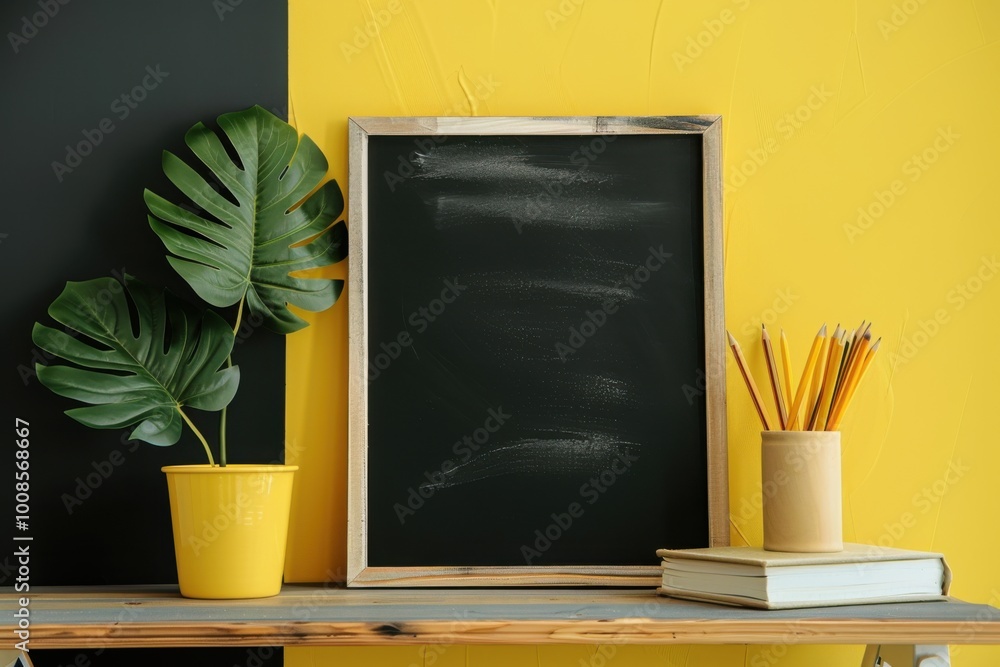 Chalkboard with Plant and Yellow Notebook in a Modern Creative ...