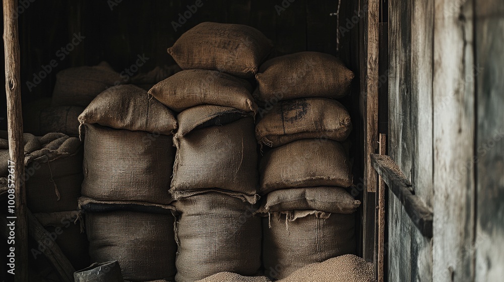 A collection of burlap sacks stacked neatly in a rustic storage area ...