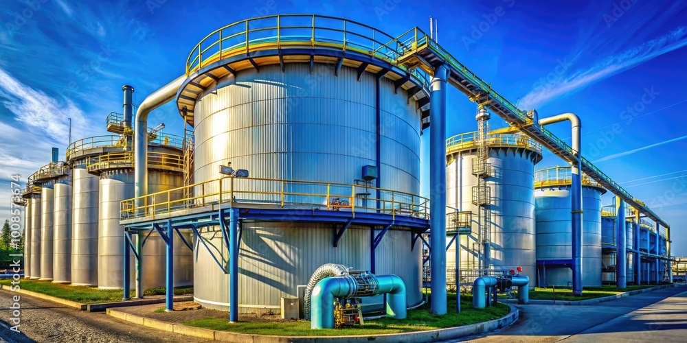 Industrial bunker fuel storage tank with pipes and valves against a ...