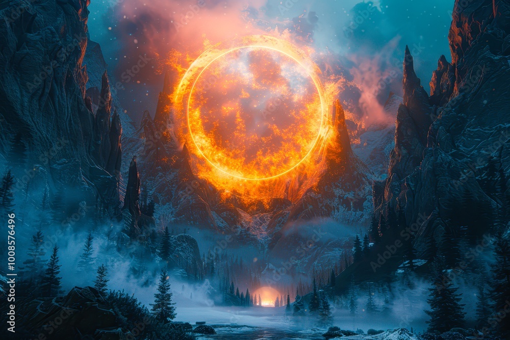 A surreal landscape featuring a massive glowing sun rising over misty ...