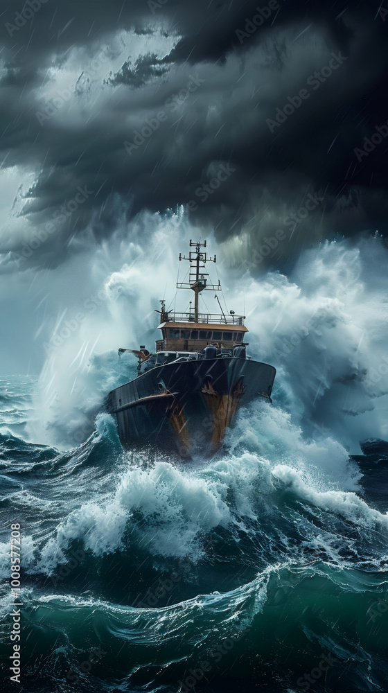 shipwreck in storm, a cargo ship navigating through rough seas ...