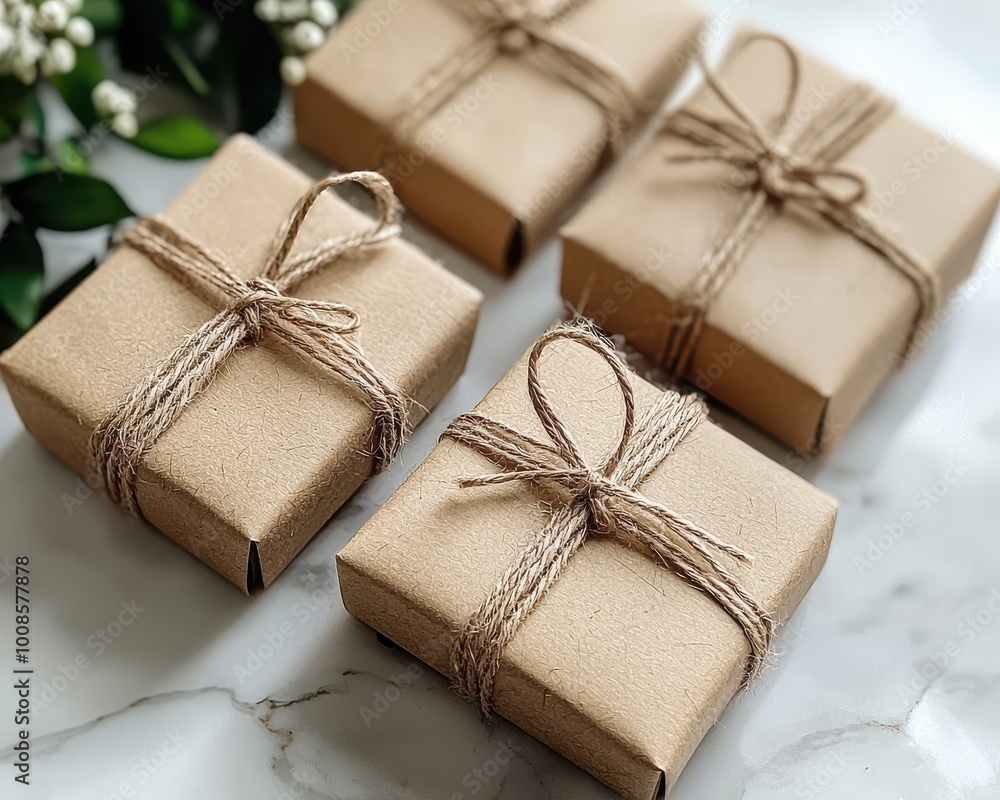 Four eco-friendly kraft paper gift boxes tied with twine on a marble ...