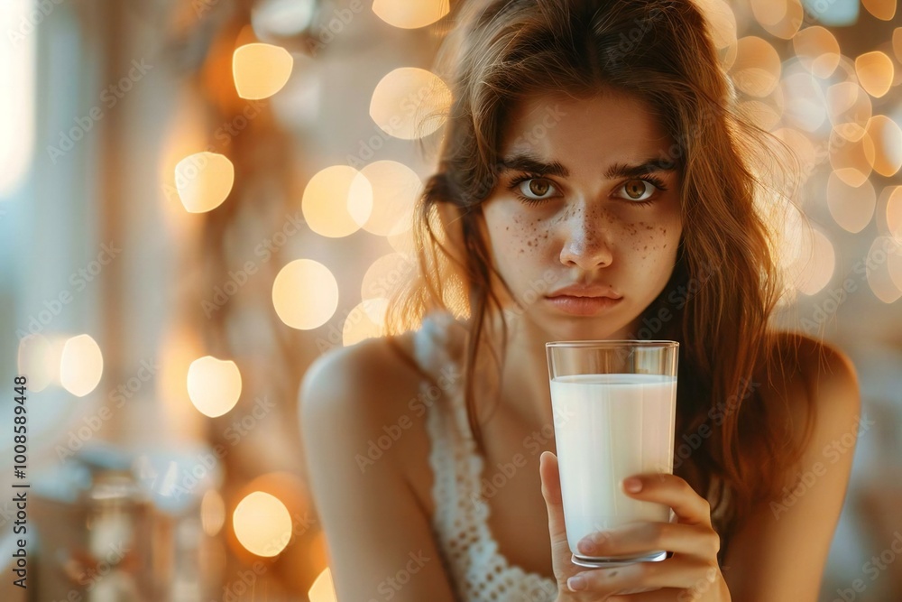woman holding a glass of milk with a look of rejection on her face ...