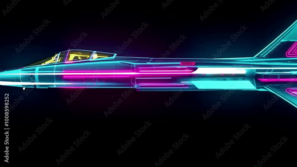 Fighter jet 3D model of a futuristic , bright neon lights on a black ...