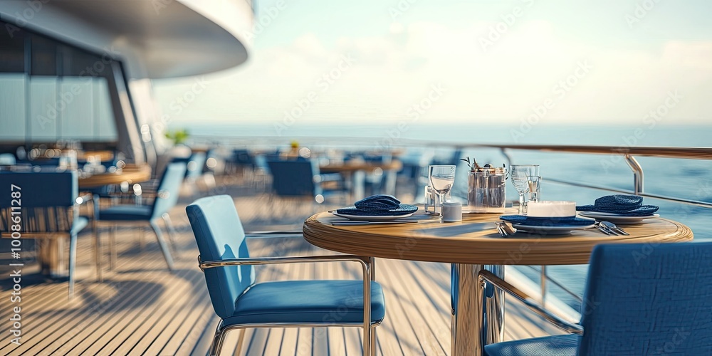 blue and cream luxury cruise ship deck cafeteria with modern wooden ...