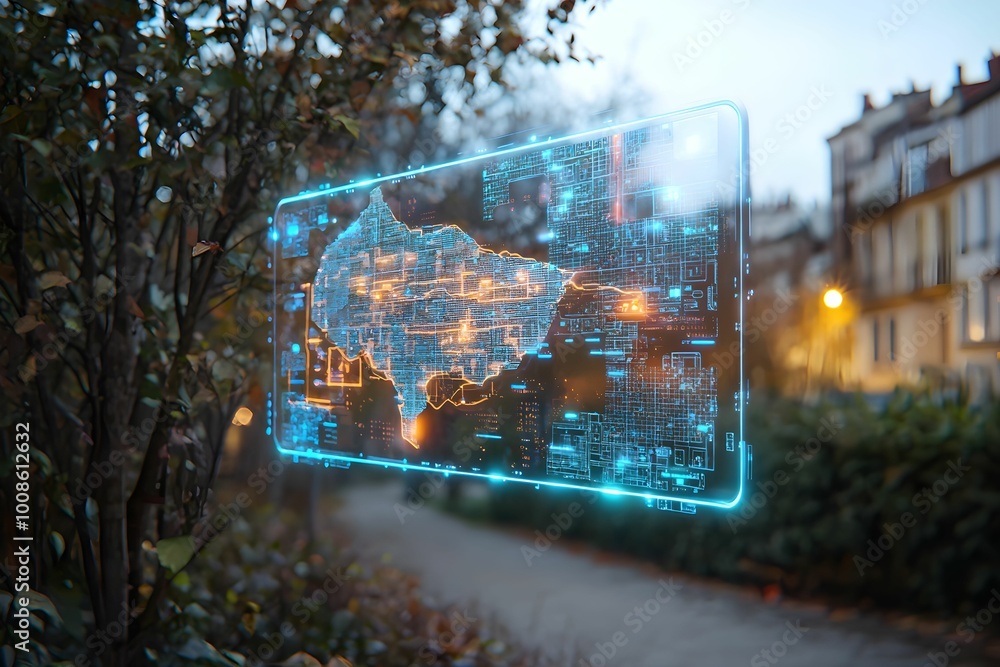 Interactive city map projection in an urban park during twilight Stock ...