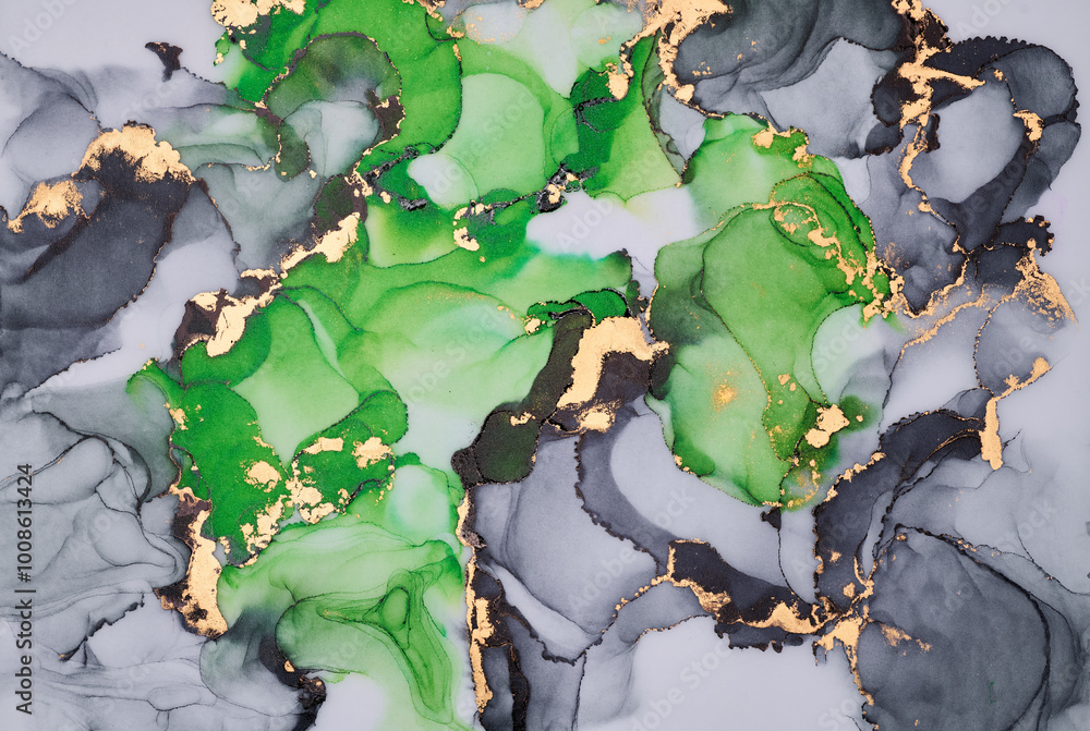 Swirls of color and veins of metallic gold form a flowing, abstract ...