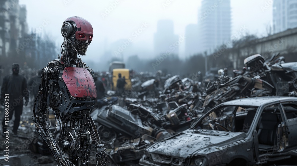 An eerie scrapyard with piles of outdated AI robots stacked haphazardly ...