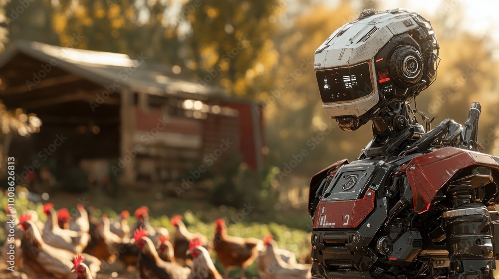 Robot Farmer: AI in Agriculture. A futuristic farm scene with a ...