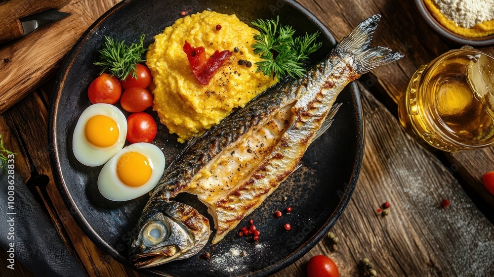 Russian vodka is served alongside fried dorado fish, polenta, cheese ...