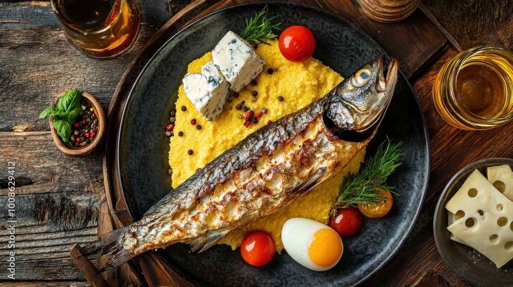 Russian vodka is served alongside fried dorado fish, polenta, cheese ...