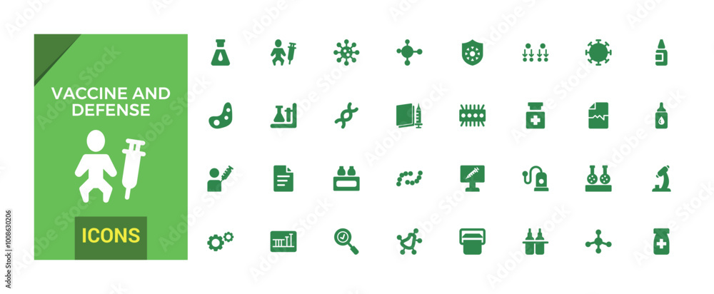 Vaccine and Defense solid icons set. immune, syringe, mask, probiotic ...