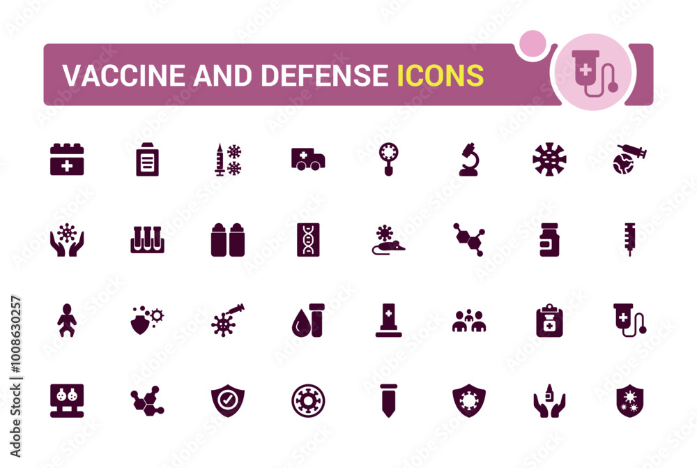 Vaccine and Defense solid icons set. immune, syringe, mask, probiotic ...