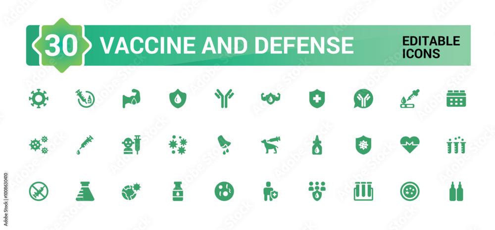 Vaccine and Defense solid icons set. immune, syringe, mask, probiotic ...