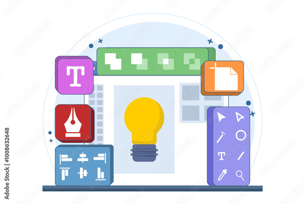 Graphic design software application concept on laptop or computer screen, flat illustration ...